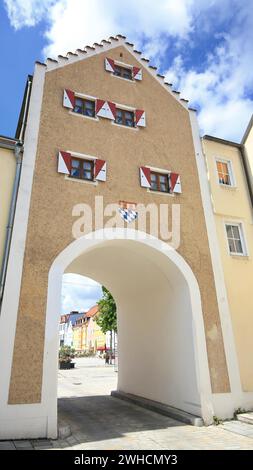 The historic city centre of Dingolfing with a view of the bronze city ...