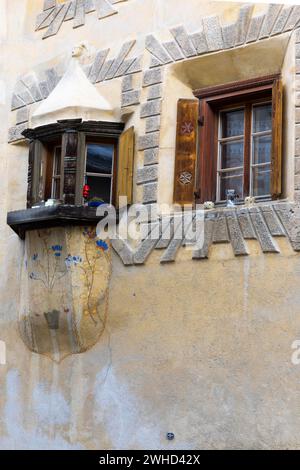 Oriel, window, historic house, sgraffito, facade decorations, Ardez ...