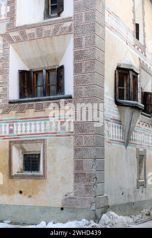 Oriel, window, historic house, sgraffito, facade decorations, Ardez ...