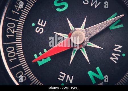 Dial compass in closeup, arrow indicates direction west Stock Photo - Alamy