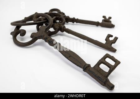 Three old decorative keys on a key ring, vintage, white background ...