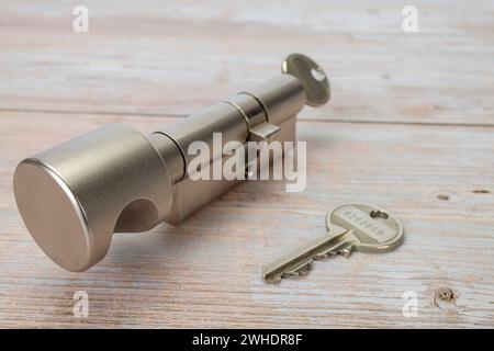 Lock cylinder with rotary knob, key, fixing screw, white background ...