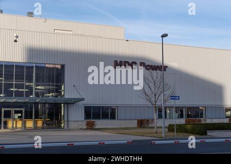 company logo MDC Power GmbH on facade building, German automotive supplier, production of four ...