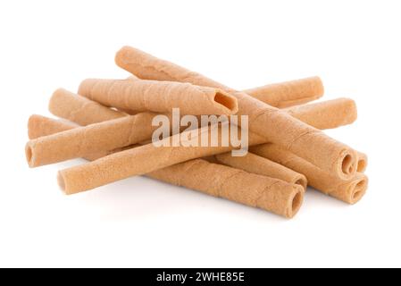 Heap of tasty chocolate wafer rolls isolated on white background Stock ...
