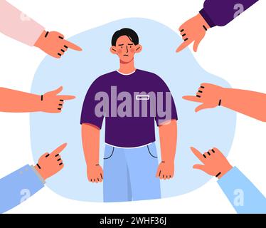 Guilt concept. Sad female character stand in lighting circle, human ...