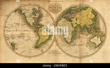 Vintage two hemispheres map of the world by Mathew Carey c. 1800. Map ...