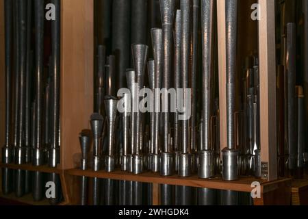 Inside a church organ, register with reed pipes from metal with tuning ...