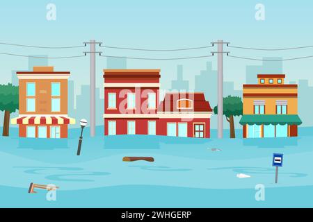 Flood in town, river, water stream on city street. Natural disaster ...