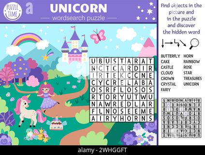 Vector fairytale wordsearch puzzle for kids. Simple magic kingdom ...