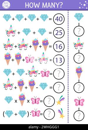 Math game worksheet, ice crystals and cubes, vector mathematics puzzle ...