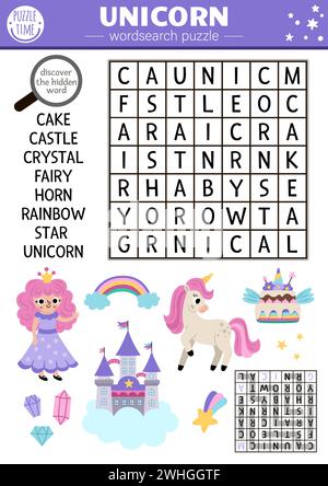 Vector fairytale wordsearch puzzle for kids. Simple magic kingdom ...