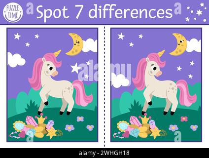 Unicorn vector searching game with magic village landscape. Spot hidden ...