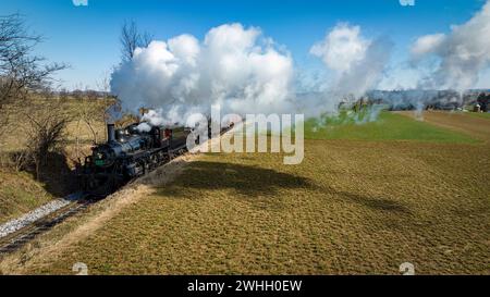 An Aerial View of a Steam Double Header Freight and Passenger Train ...