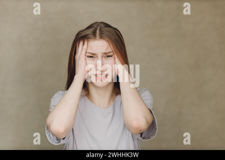 Portrait of young caucasian actress crying upset woman looking at ...