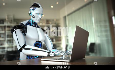 Humanoid robot typing on computer in office. 3d illustration Stock ...