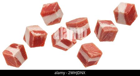 Falling bacon cubes, diced smoked ham isolated on white background ...