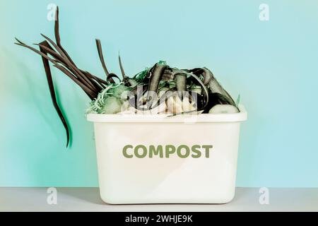 Kitchen composting bin. Peeled vegetables in white compost bin on multi ...