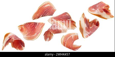 Falling bacon strips isolated on white background Stock Photo - Alamy