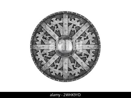 Old decorated metal round shield isolated on white background Stock ...