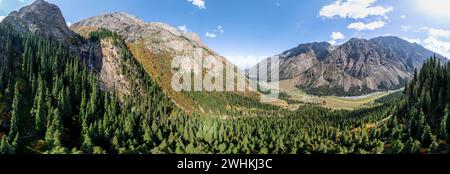 Aerial view, Barskon or Barskoon waterfall, mountain landscape with ...