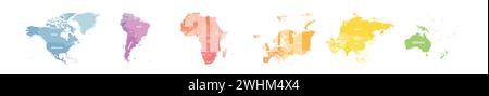 Set of six world continent maps in a row - North America, South America ...