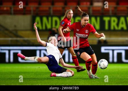 February 10, 2024: Mia Ross (4 Charlton Athletic) skips past Eveliina ...