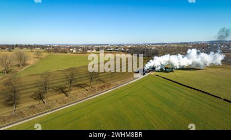 Aerial of a Steam Double-Header Freight , Passenger Combo Train ...