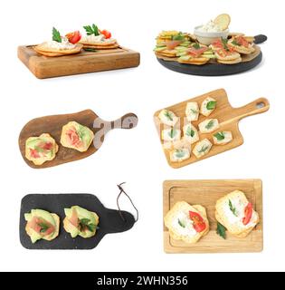 Delicious crackers with different toppings isolated on white, set Stock ...