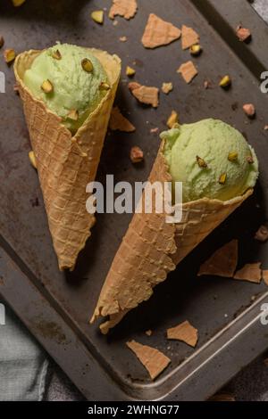 Pistachio ice cream in waffle cones Stock Photo - Alamy