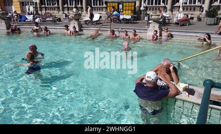 BUDAPEST, HUNGARY October 2019. Men playing chess at Szechenyi Baths ...