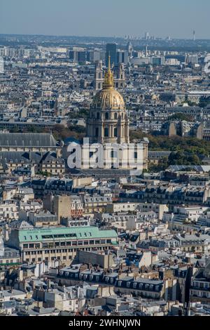 An aerial view of Paris downtown with the Les Invalides building with a ...