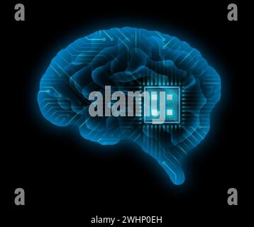 Human brain inside a digital cyberspace. Neural cells formed by particles. Blue abstract ...