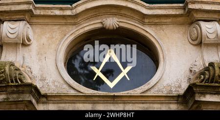 Detailed view with compass and square, lodge house of the Freemasons ...