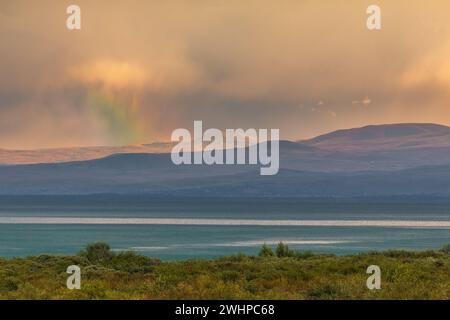 Sunset over Lake Sevan, the the largest body of water in both Armenia ...