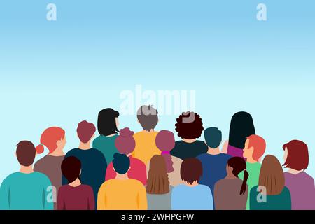 Back view people. standing crowd of male and female persons. Vector ...