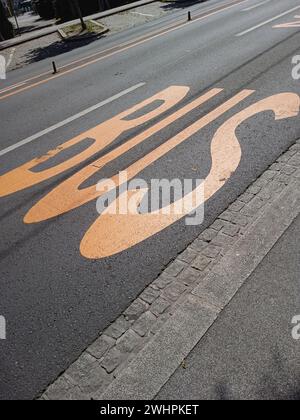 a bus lane marking on the street, public transport and road traffic bus ...
