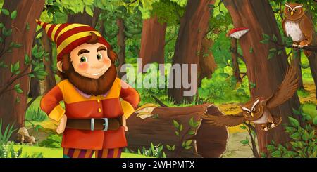 cartoon scene with happy dwarf in the forest near some house in the old ...