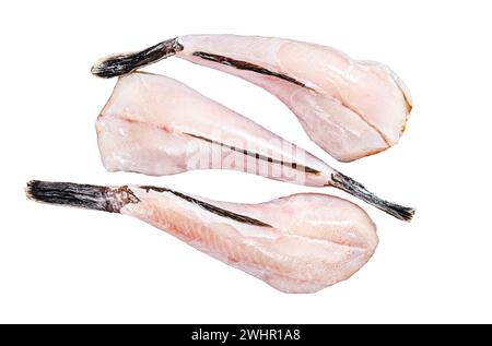 Separate fresh monkfish without head and skin. Isolated on white ...