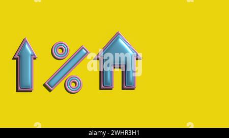 House, percent and up arrow shapes on a yellow background, 3D rendering ...