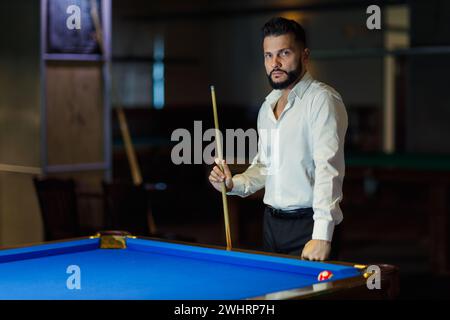 Billiard player portrait at billard table or snooker american billiards ...