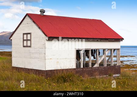 Fish Drying Hut at North Iceland Sea Coast. Horizontal shot Stock Photo ...