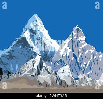 Great Himalayan range, Himalayas mountains vector illustration, snowcapped white and blue ...
