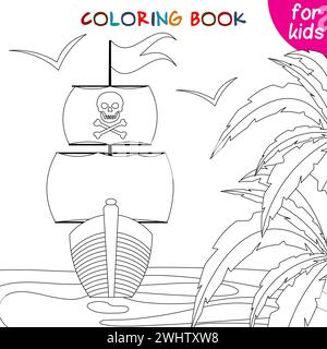 Pirate coloring page for children with palm trees. Vector treasure ...
