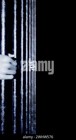 Detention, imprisonment. Prison cell and hands holding the bars. 3d ...