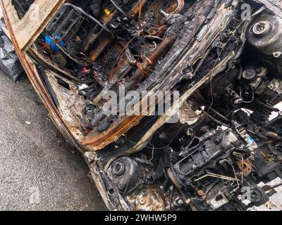 Burned car interior that caught fire and was destroyed, only metal ...