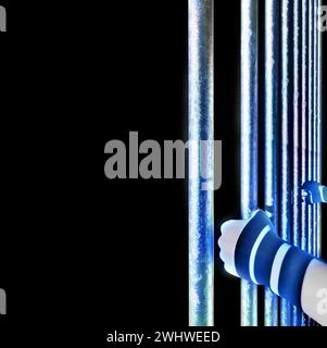 Detention, imprisonment. Prison cell and hands holding the bars. 3d ...