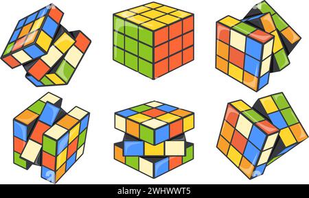 Logical combination cube puzzle toy with rotated sides, doodle style flat vector illustration ...