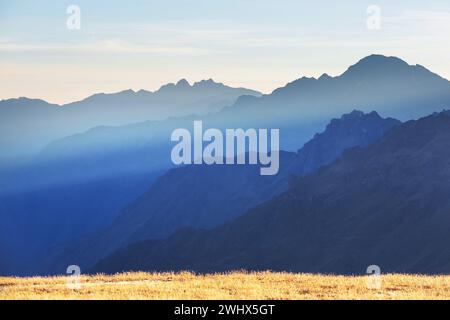 Hiking in the fantastic landscape of the Peruvian high mountain Andes ...