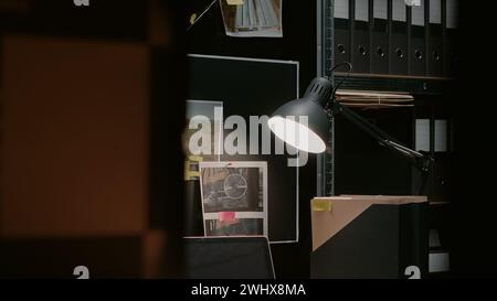 Empty incident room filled with clues and case files, evidence map with ...