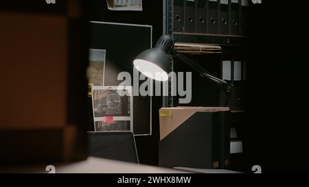 Empty incident room with criminal case investigation, board with clues ...